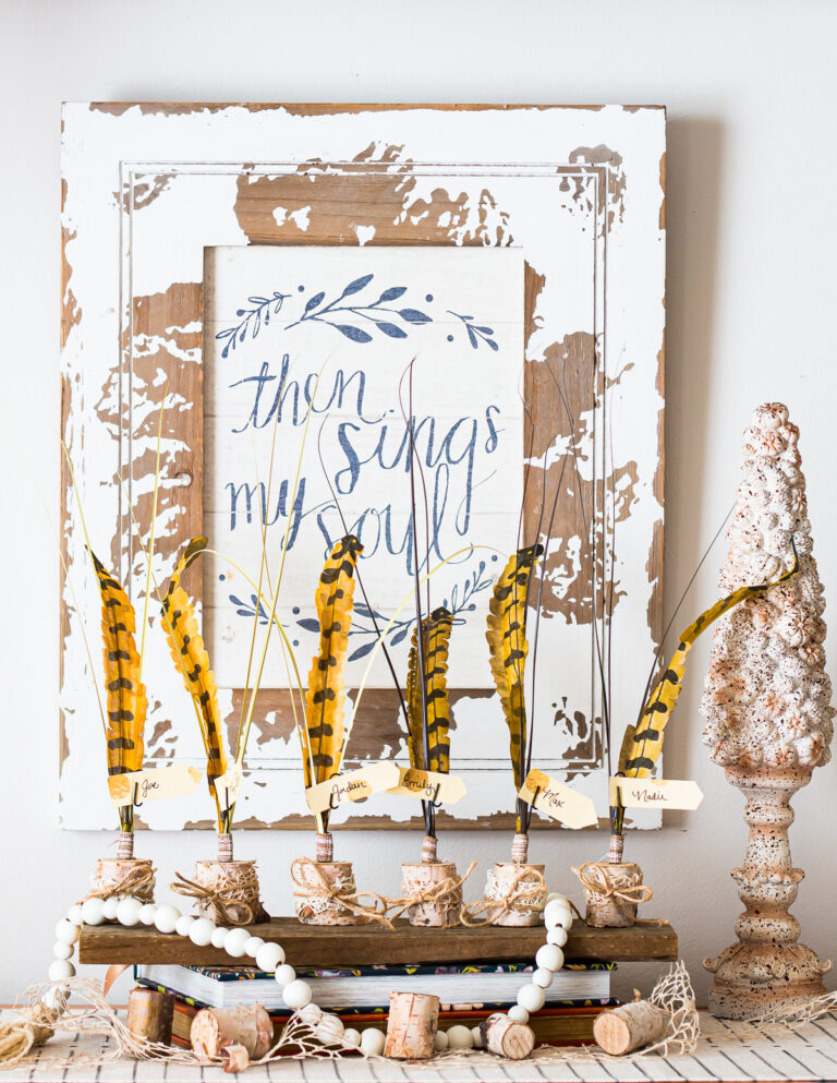 Dollar Store Feather and Wood Stem Place Cards - The How-To Home