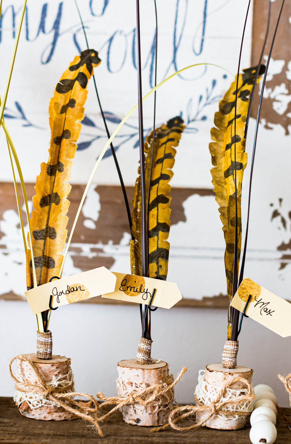 Dollar Store Feather and Wood Stem Place Cards - The How-To Home